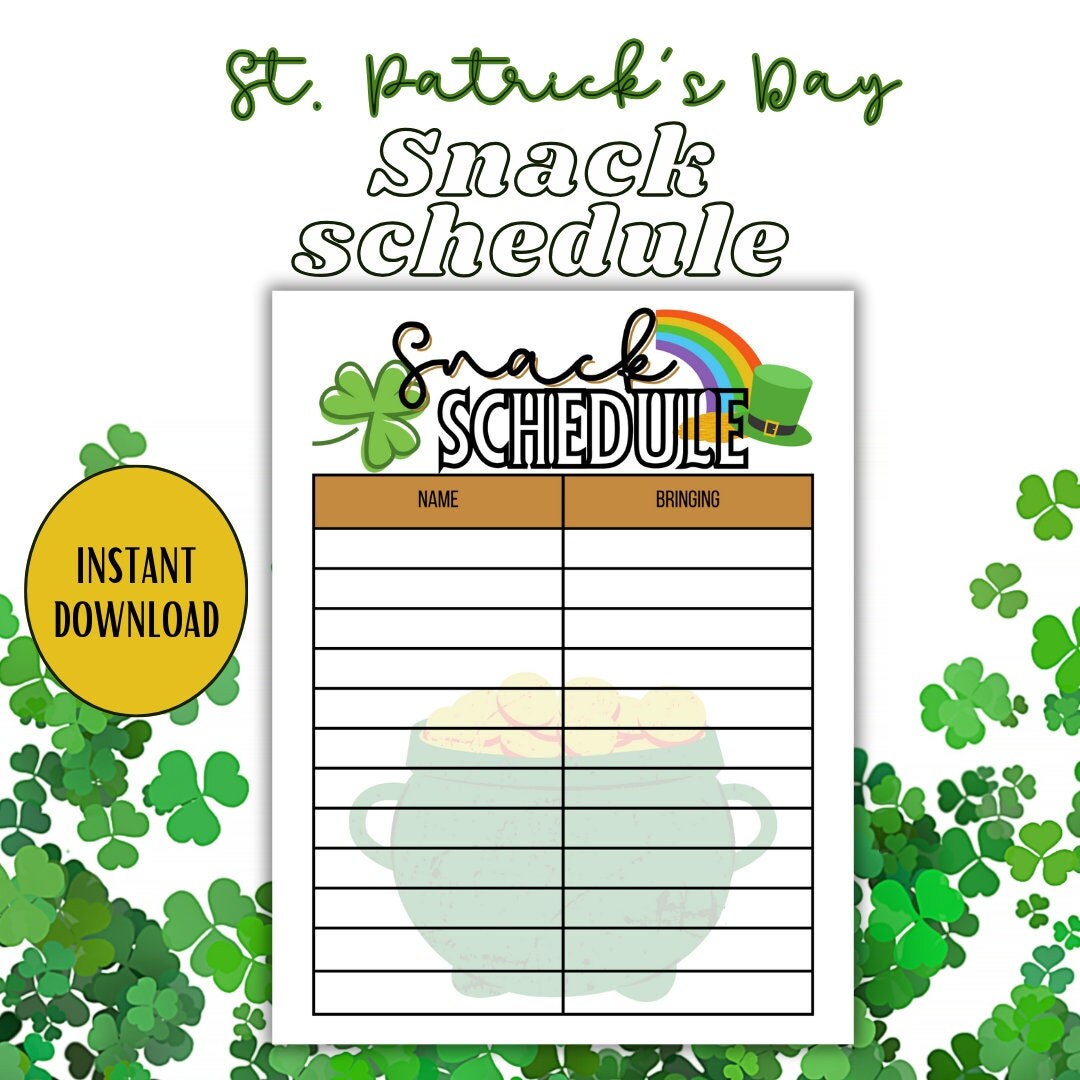 St. Patrick's Day Snack Sign up Sheet, Class Party Treat Schedule ...