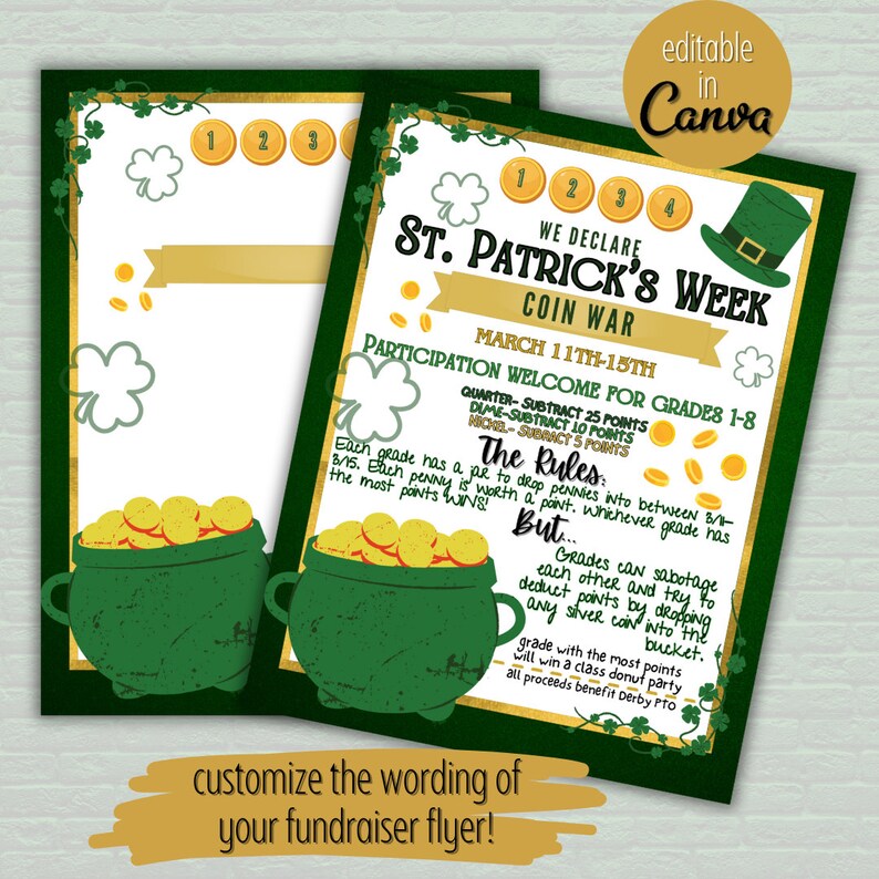 Editable St. Patrick's Day Coin War Fundraiser, Lucky Money Maker, St ...