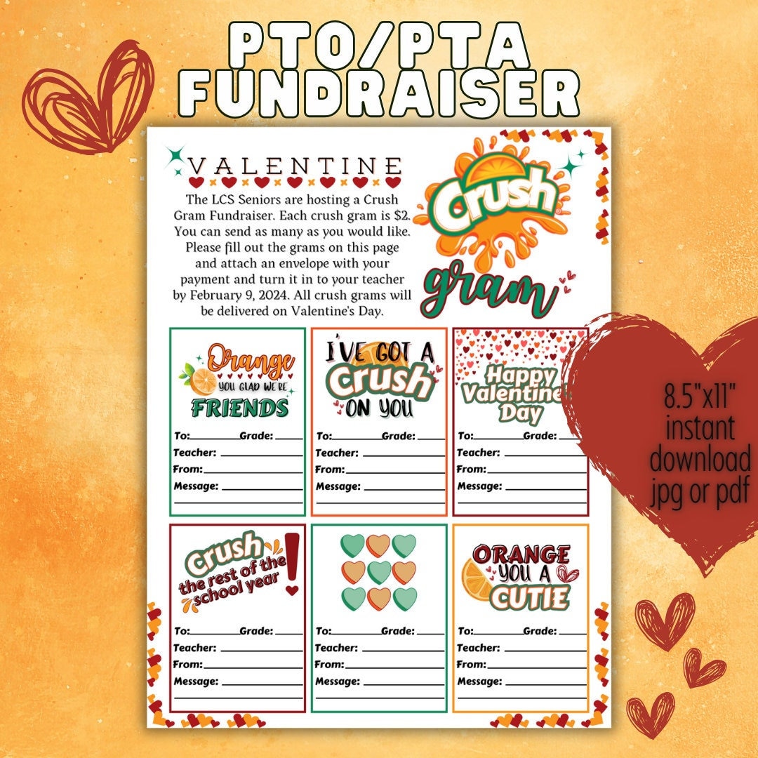 PTA PTO Valentine's Day Orange Crush Gram School Fundraiser Flyer ...