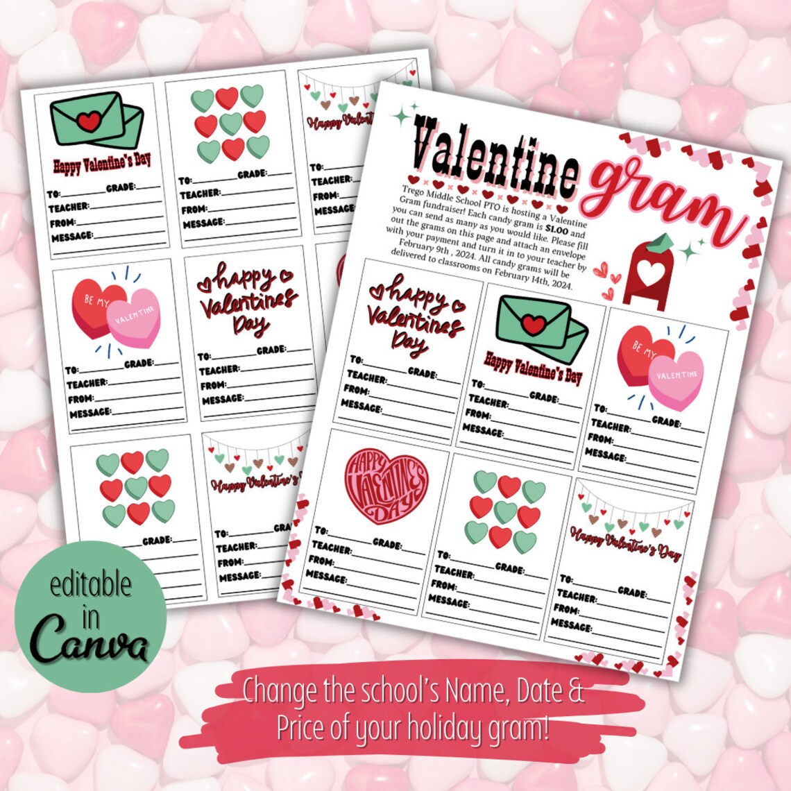 PTA PTO Valentine's Day Candy Gram School Fundraiser Flyer Template ...