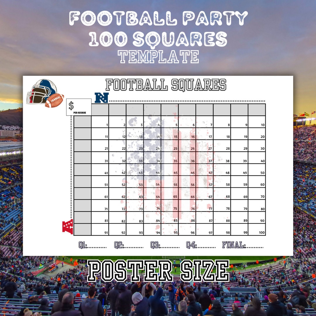 POSTER Size Football Squares Printable, the Big Game Squares, 100 ...