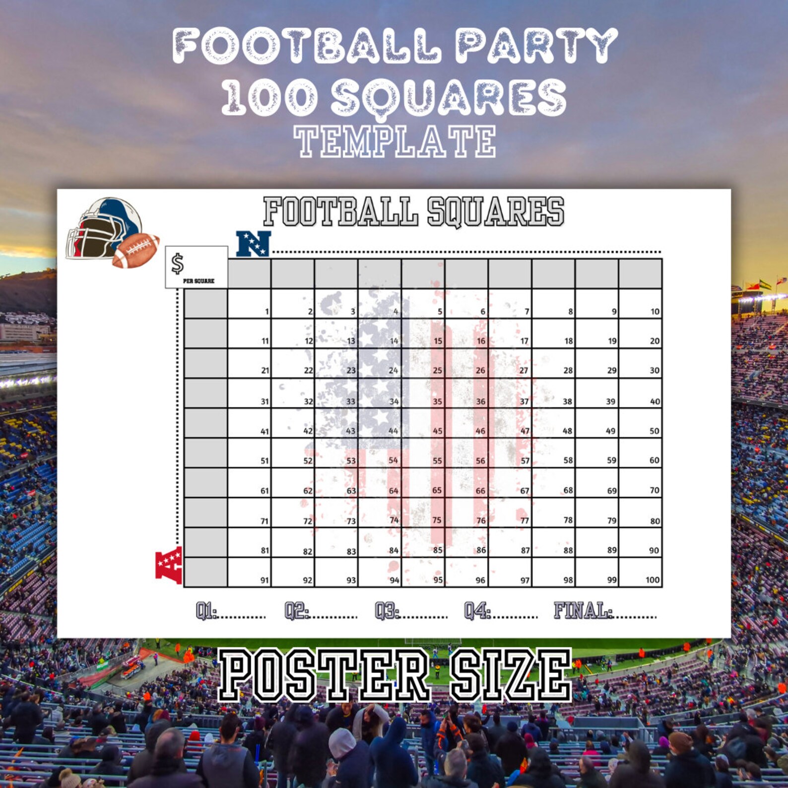 POSTER Size Football Squares Printable, the Big Game Squares, 100 ...
