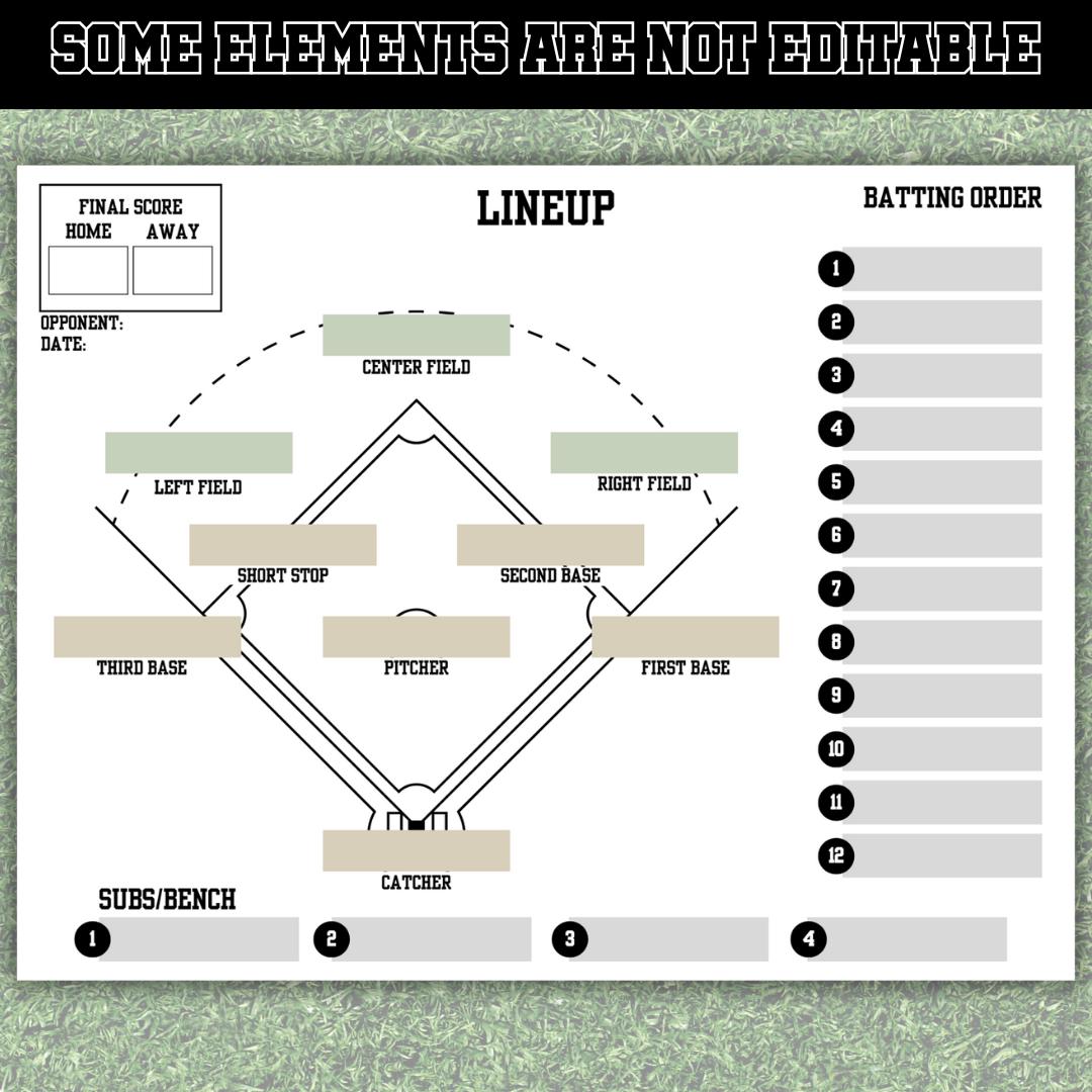 EDITABLE Baseball Softball Lineup and Field Position Card Sheet Batting ...