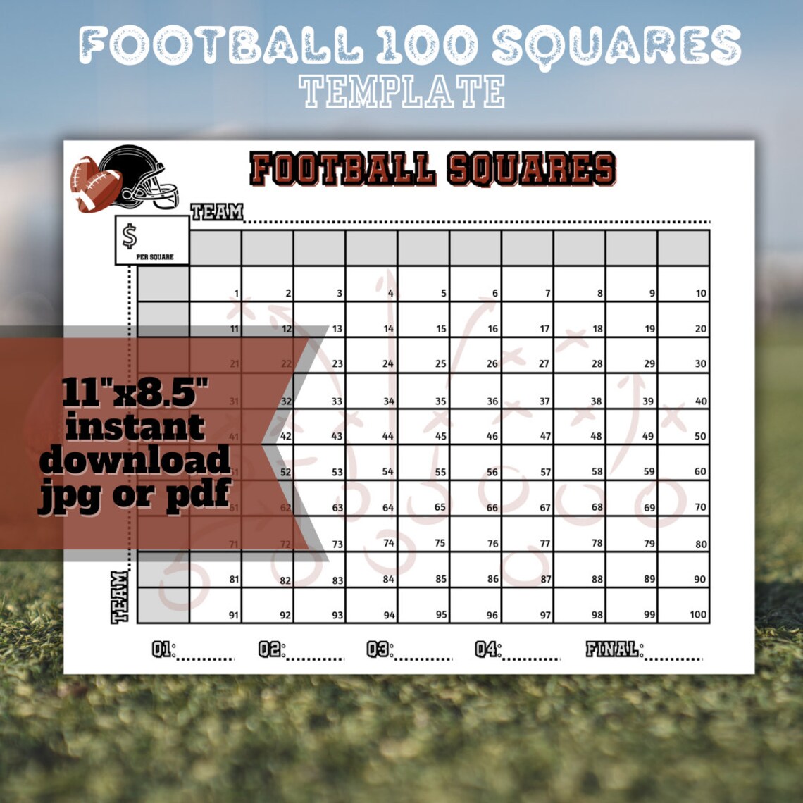Football Squares Printable, Football Fundraiser, 100 Football Squares ...