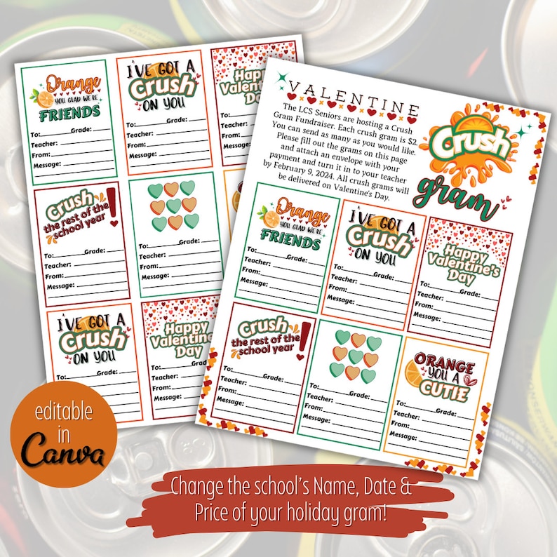 PTA PTO Valentine's Day Orange Crush Gram School Fundraiser Flyer ...