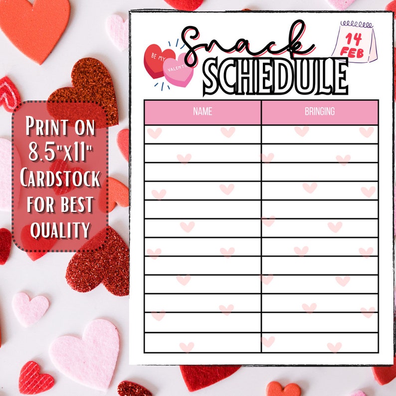 Valentine's Day Snack Sign up Sheet, Class Party Treat Schedule ...