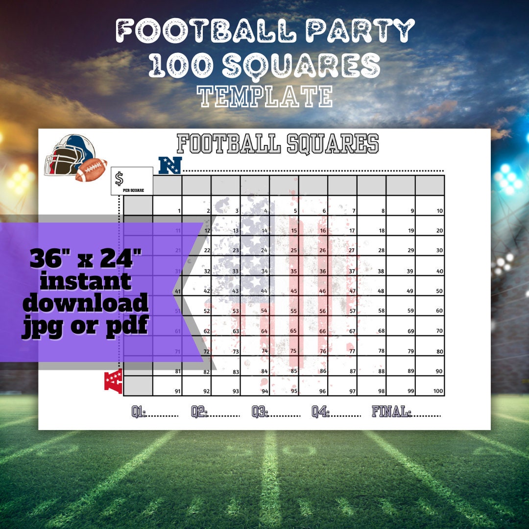 POSTER Size Football Squares Printable, the Big Game Squares, 100 ...