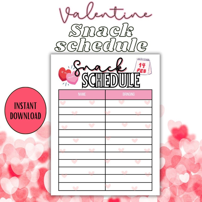 Valentine's Day Snack Sign up Sheet, Class Party Treat Schedule ...