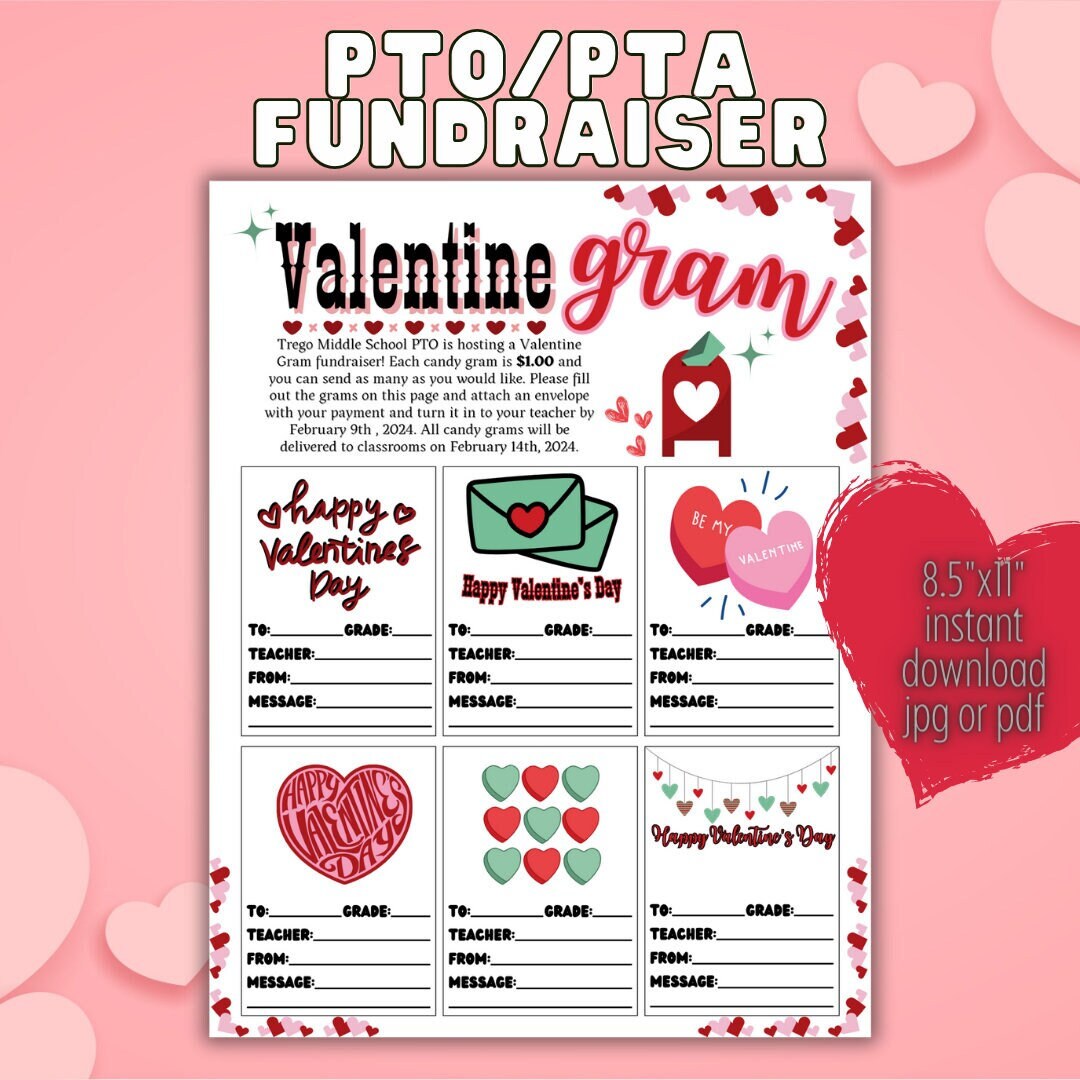 PTA PTO Valentine's Day Candy Gram School Fundraiser Flyer Template ...