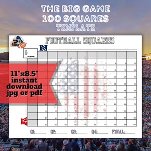 Football Squares Printable, the Big Game Squares, 100 Square Football ...