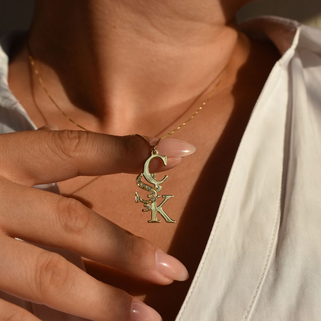 14K Solid Gold Initial Letter Necklace , Family Initial Letter Gold ...