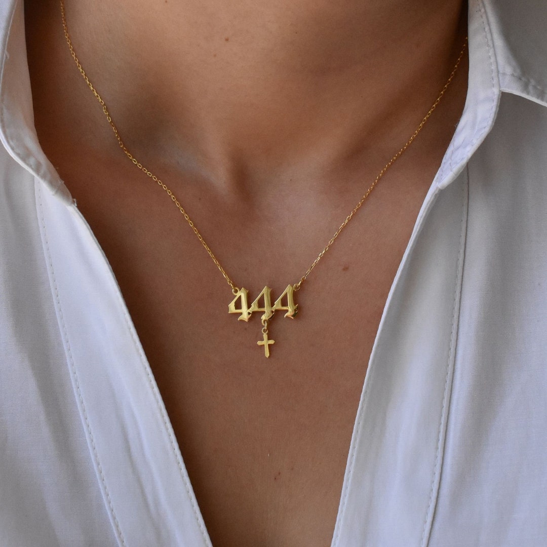 Angel Number 444 Necklace With Cross, 14k Gold Plated Personalized ...