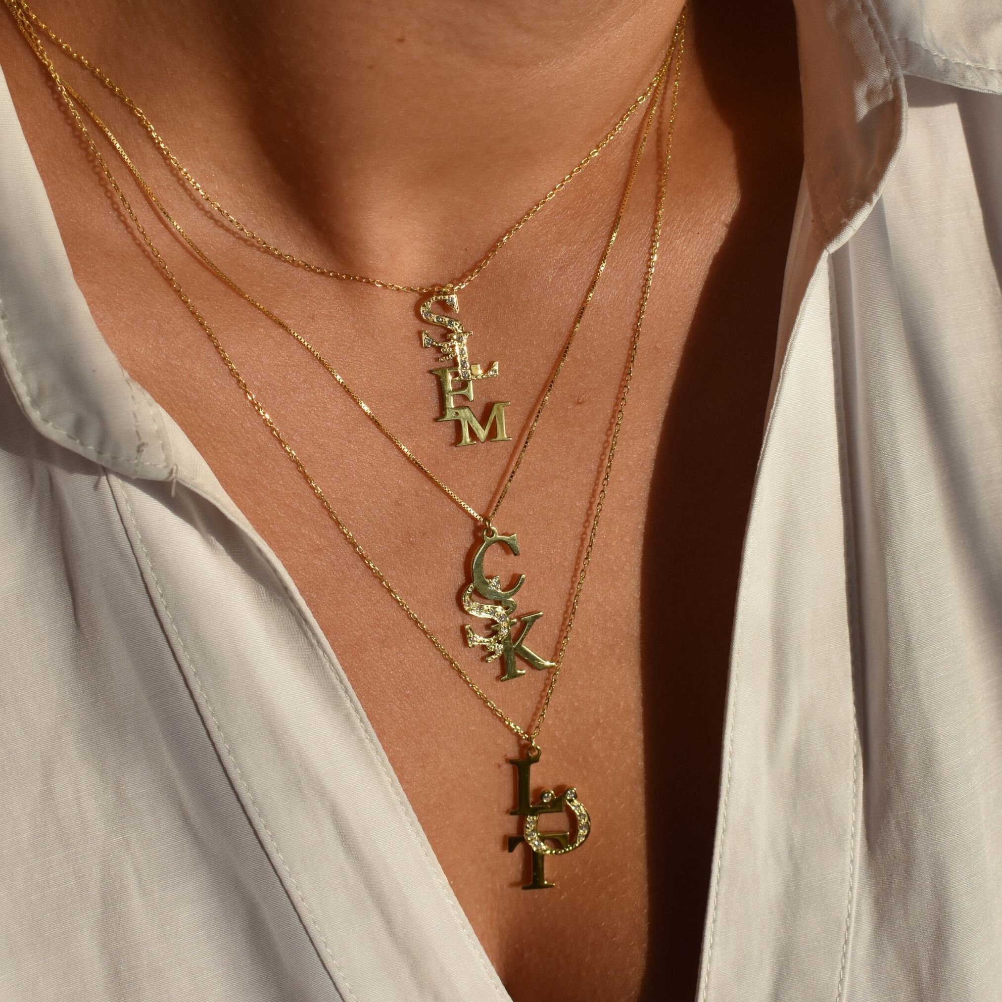 14K Solid Gold Initial Letter Necklace , Family Initial Letter Gold ...