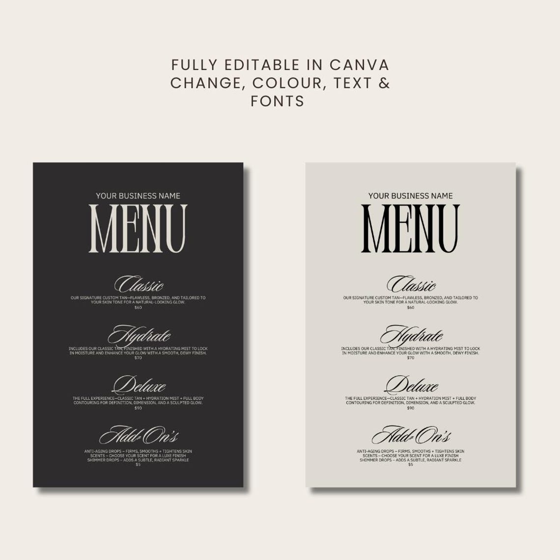 Spray Tan Menu Template: Customizable Pricing, Canva Editable (11x17 ...
