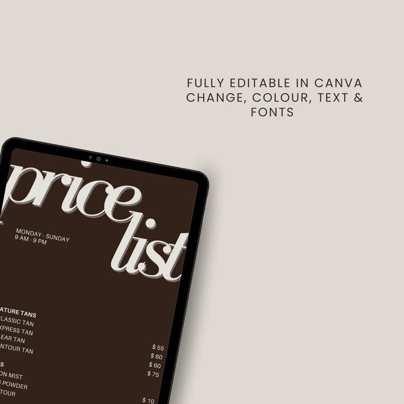 Spray Tan Menu Template, Customizable Service Menu (digital Download ...