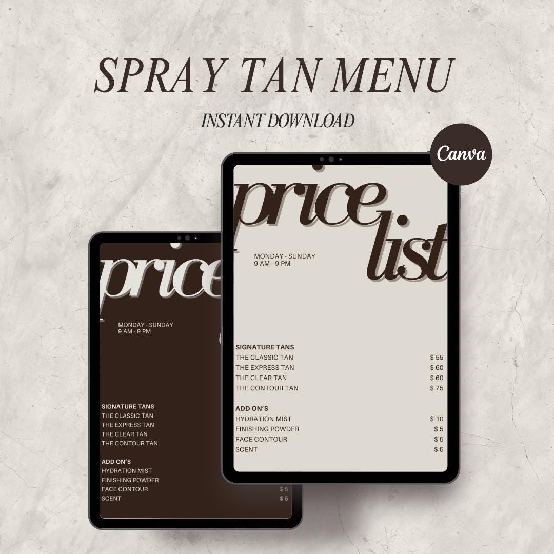 Spray Tan Menu Template, Customizable Service Menu (digital Download ...