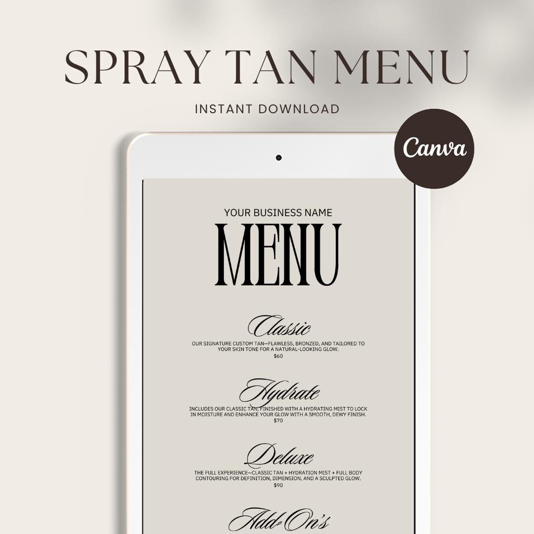 Spray Tan Menu Template: Customizable Pricing, Canva Editable (11x17 ...