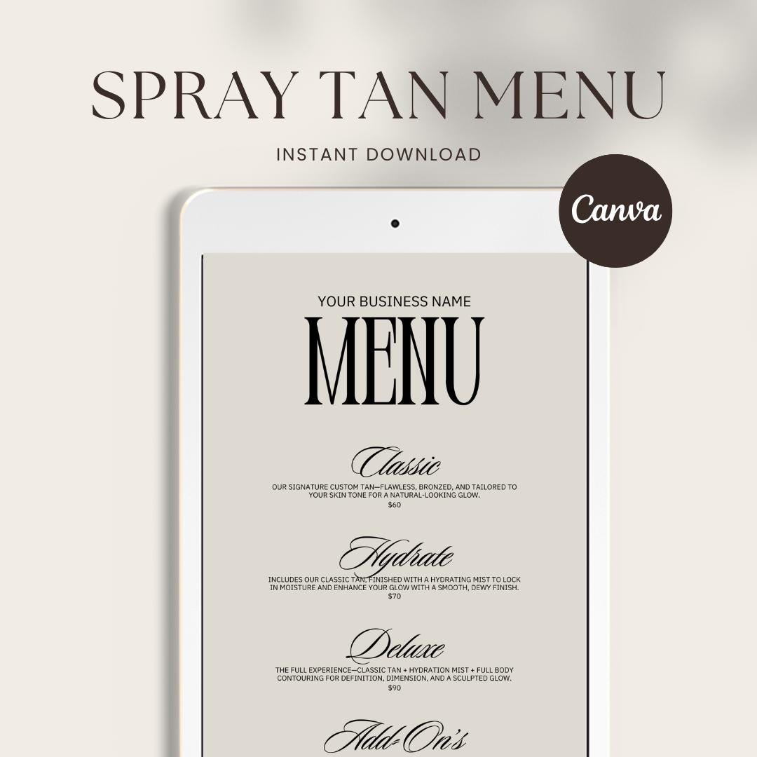 Spray Tan Menu Template: Customizable Pricing, Canva Editable (11x17 ...