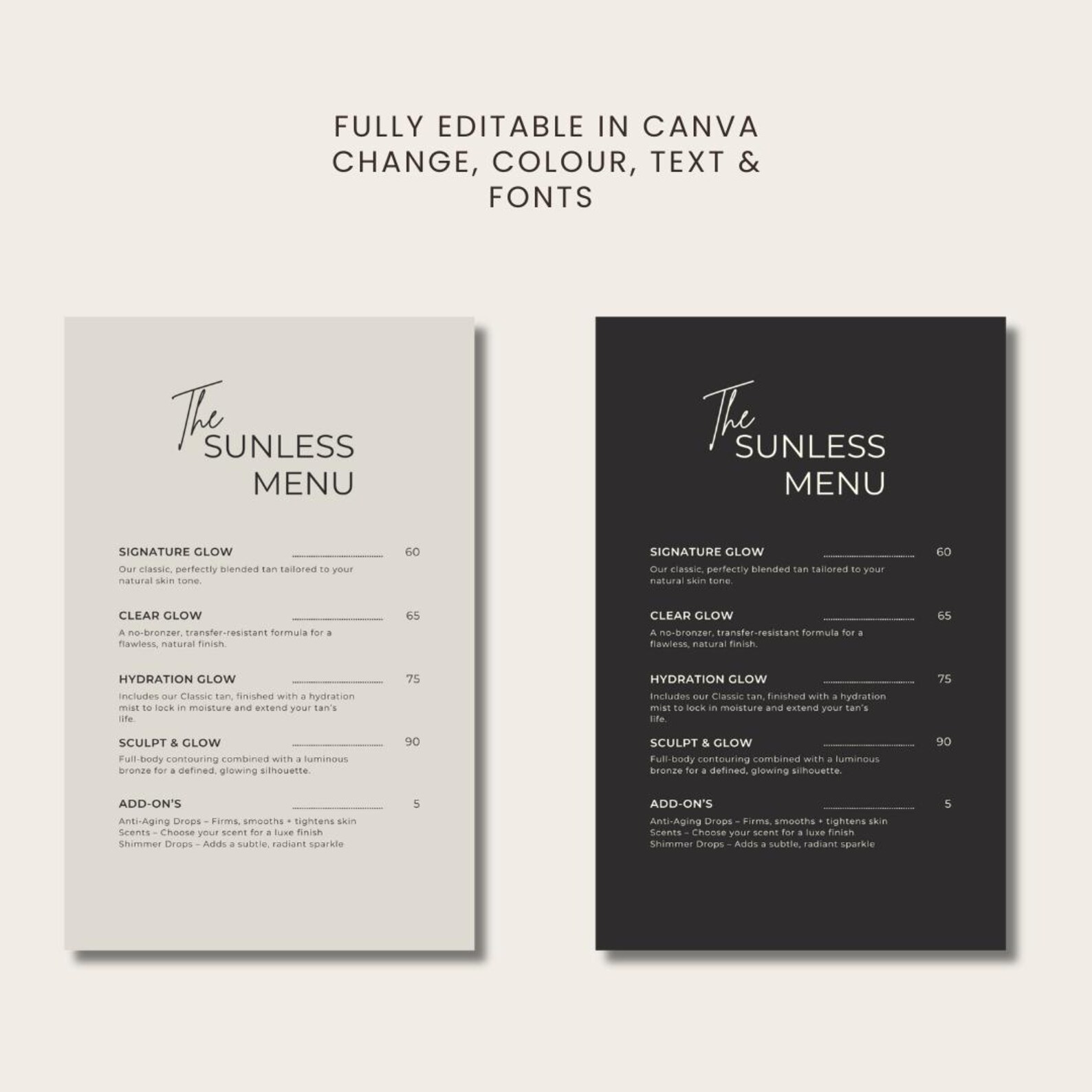 Spray Tan Menu Template: Customizable Pricing, Canva Editable (11x17 ...
