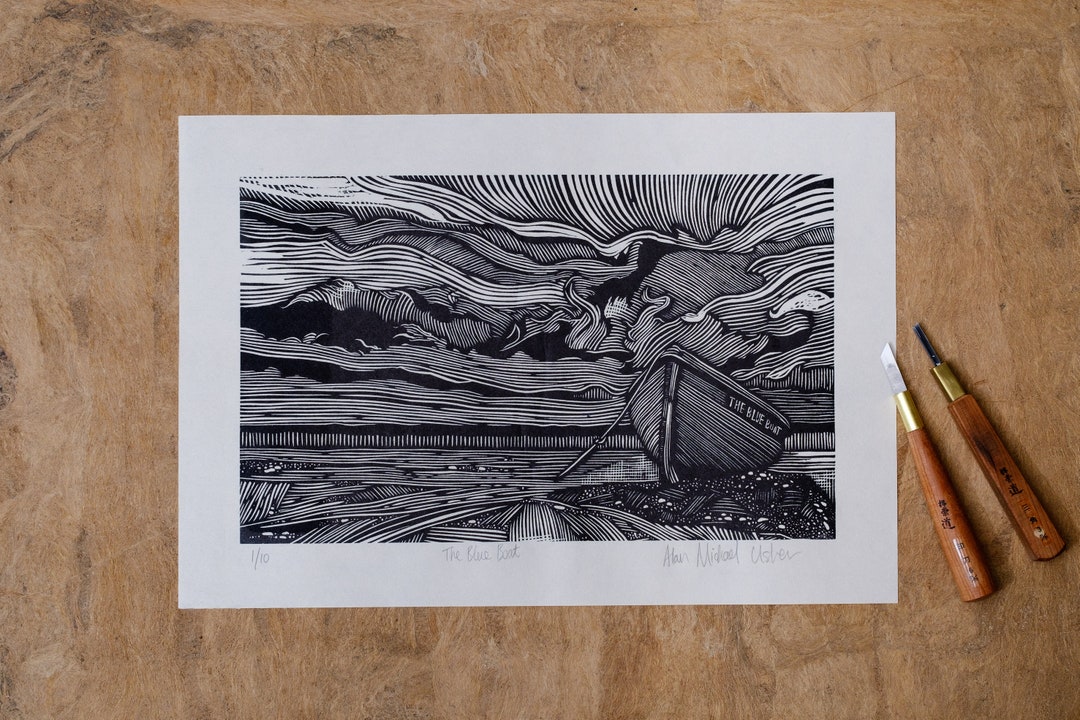 Blue Boat Linocut Print, Fine Art Print, Print, Art, Hand Printed ...
