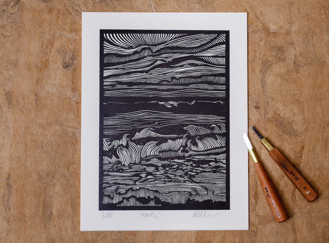 Waves Linocut Print, Fine Art Print, Print, Art, Hand Printed, Limited ...