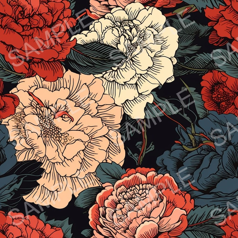 Ukiyo-e Style Roses, Digital Paper Seamless Pattern Pack, Instant ...