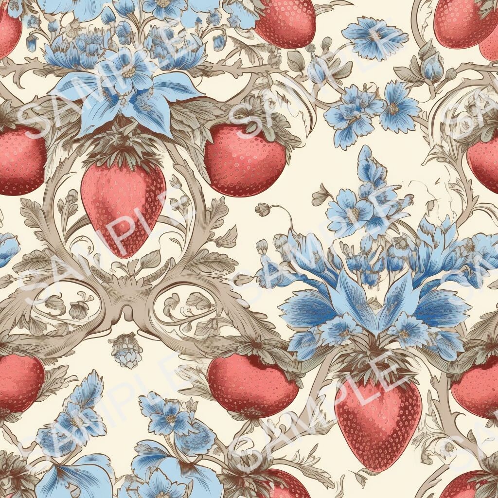 Rococo Style Strawberries Digital Paper Seamless Pattern - Etsy