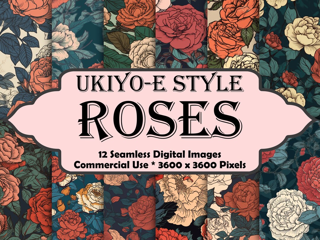 Ukiyo-e Style Roses, Digital Paper Seamless Pattern Pack, Instant ...