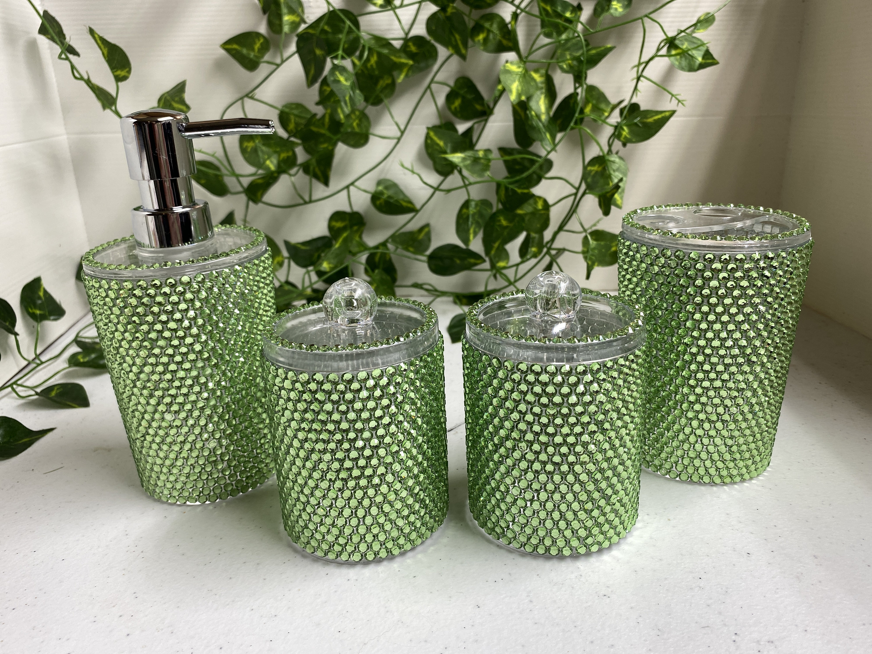 4 Piece Bathroom Accessory Set Light Green Colored High Shine Rhinestones