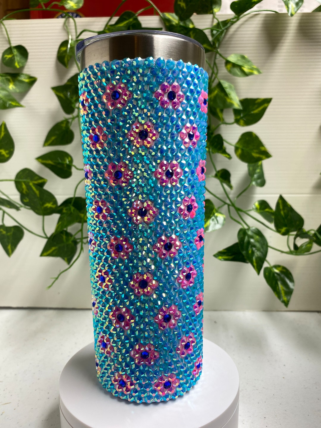 20 Ounce Insulated Bling Tumbler | Flower Pattern | Aqua Blue and Pink ...