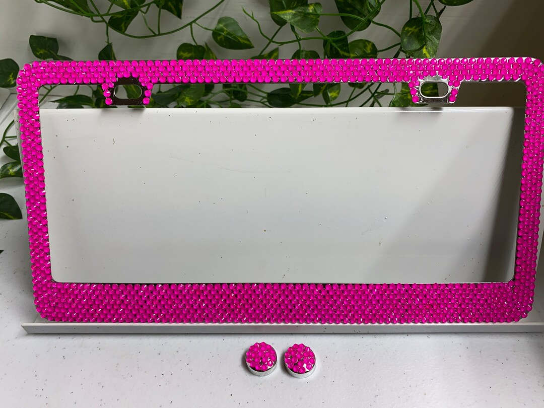 Neon Pink Glass License Plate Frame Lots of Sparkle Blinged Screw Cap ...