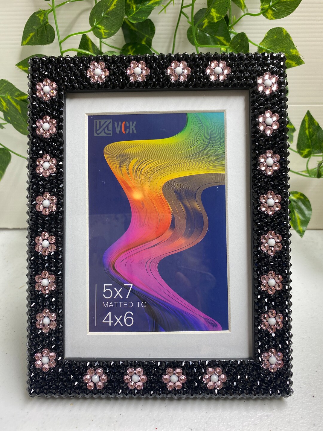 5 X 7 Black With Pink Flowers Bling Picture Frame | Matted to 4 X 6 ...