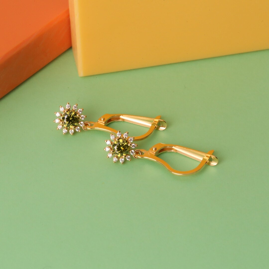 Peridot Dangling Round Earring, Real Diamond, August Birthstone, 14K ...