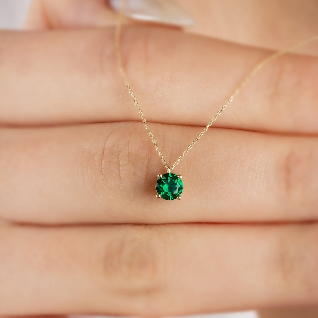 Round Emerald Necklace 14K Solid Gold, May Birthstone Pendant, Daily ...