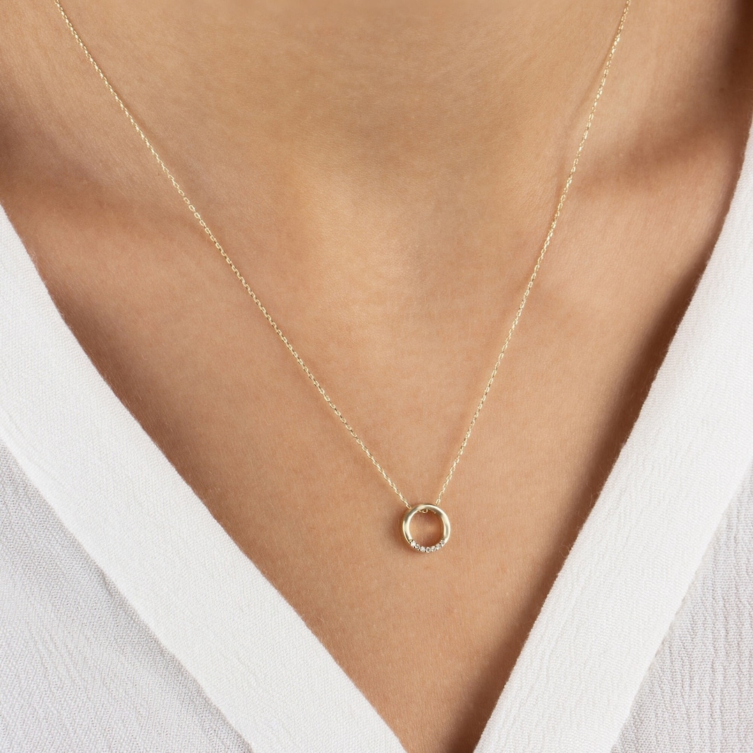 Real Diamond Gold Circle Necklace, 14K Solid Gold Round Tip Necklace ...