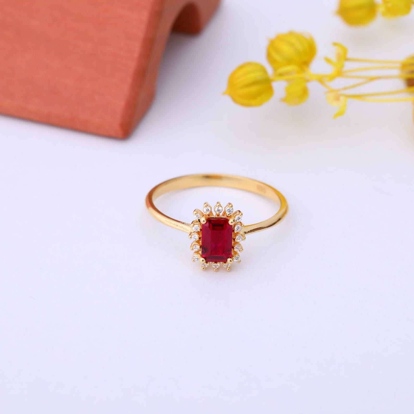 Ruby Rectangle 14K 10K 8K Solid Gold Ring With Real Diamond Halo, July ...