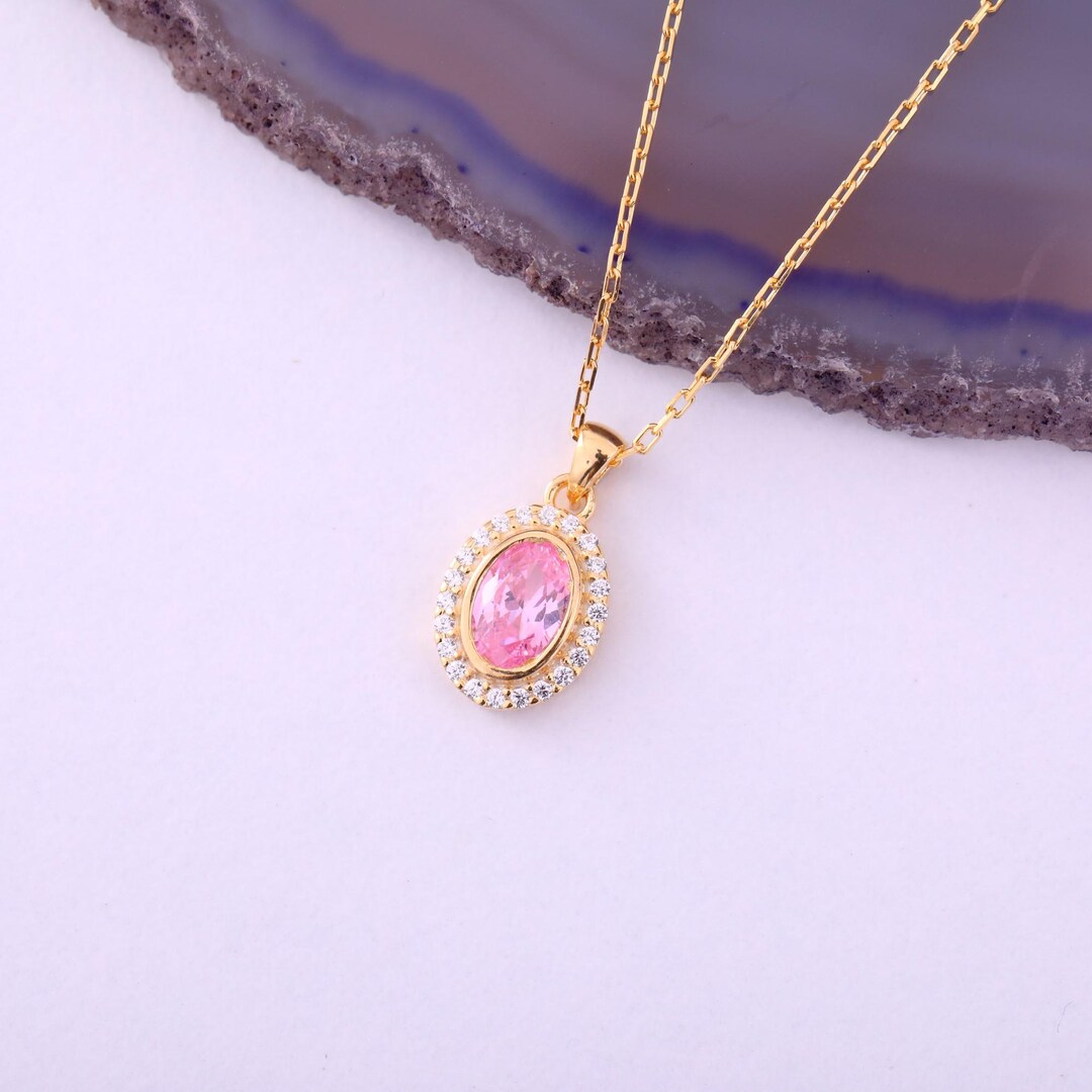 Pink Tourmaline Real Diamond Oval Bezel Necklace, 14K 10K 8K Solid Gold ...
