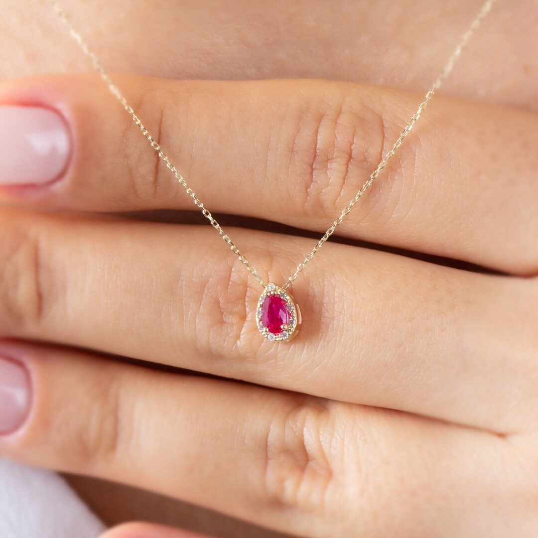 Drop Cut Real Diamond Ruby Necklace 14K Solid Gold, July Birthstone ...