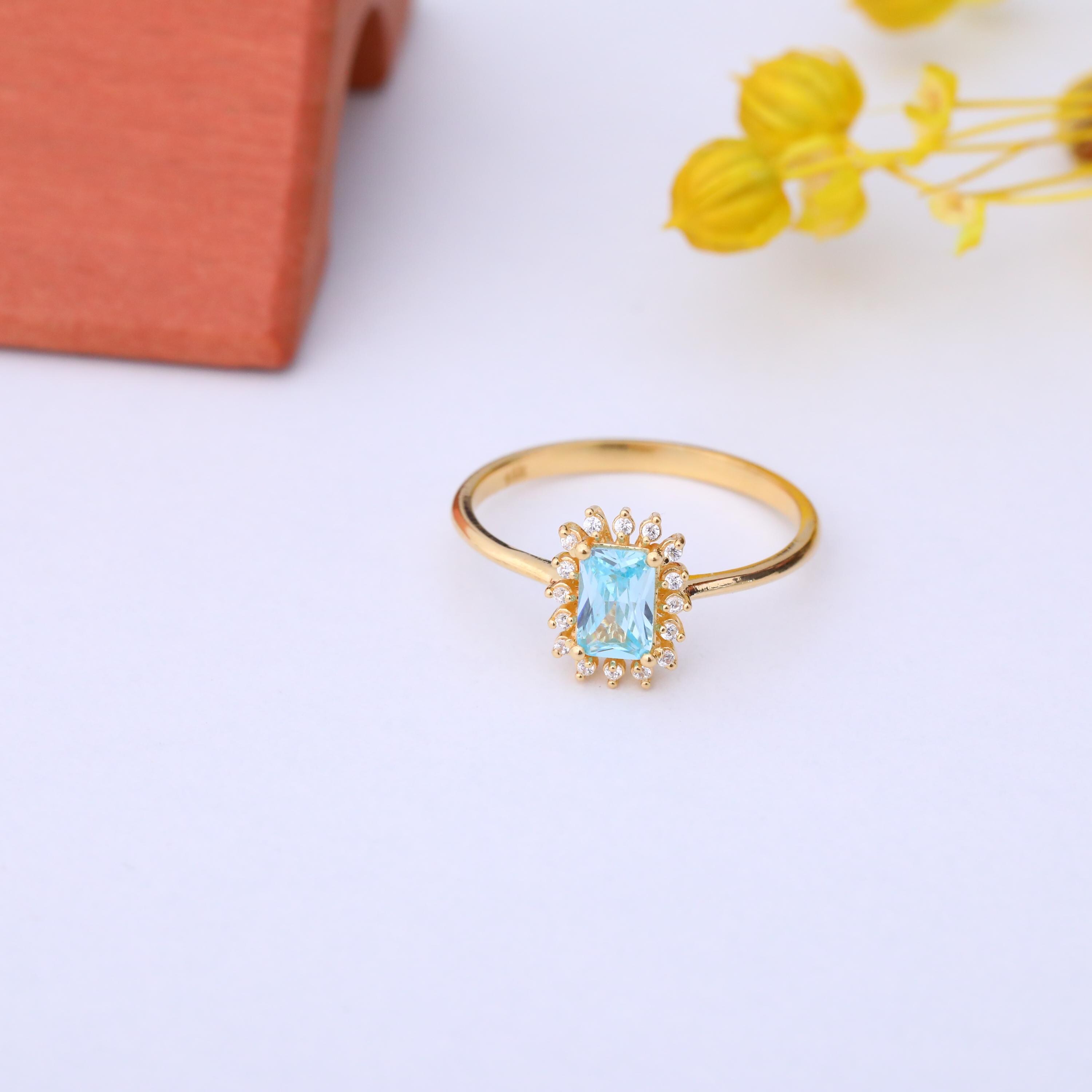 Aquamarine Ring, Rectangle Real Diamond Halo, March Birthstone, 14K 10K ...