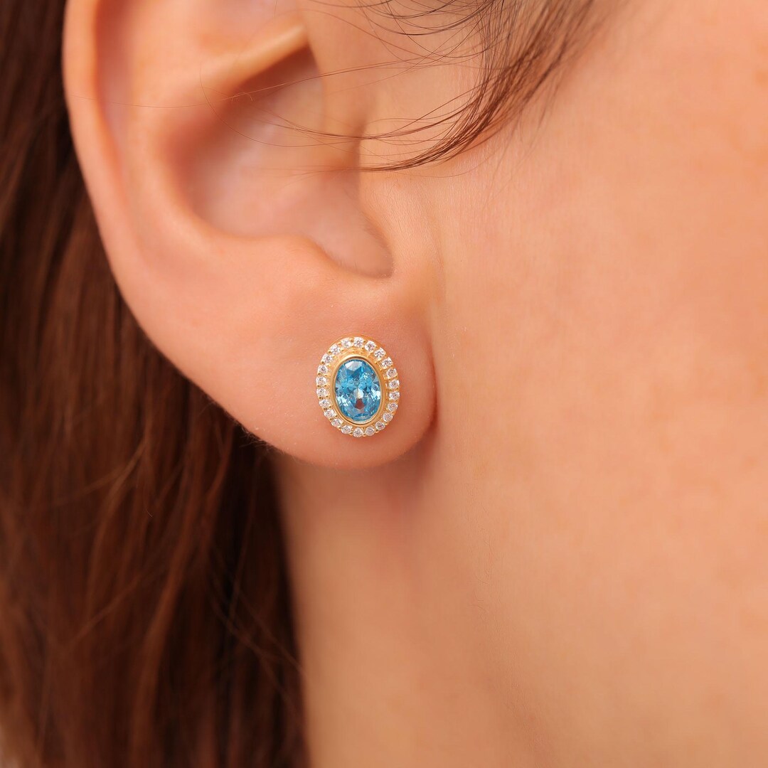 Blue Topaz Real Diamond Halo Stud Oval Earrings, 14K Solid Gold Bezel ...