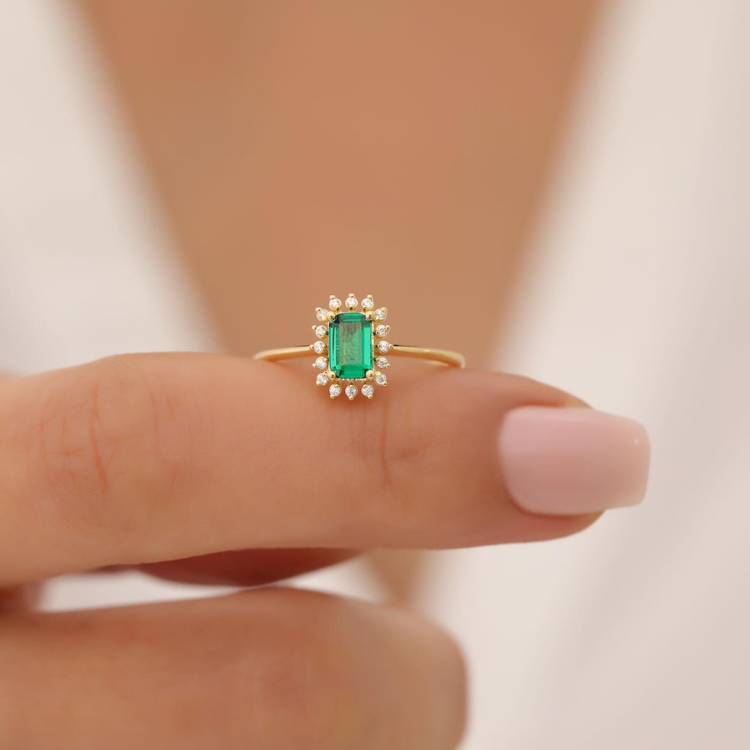 Emerald Rectangle Ring With Real Diamond Halo, 14K Solid Gold Elegant ...