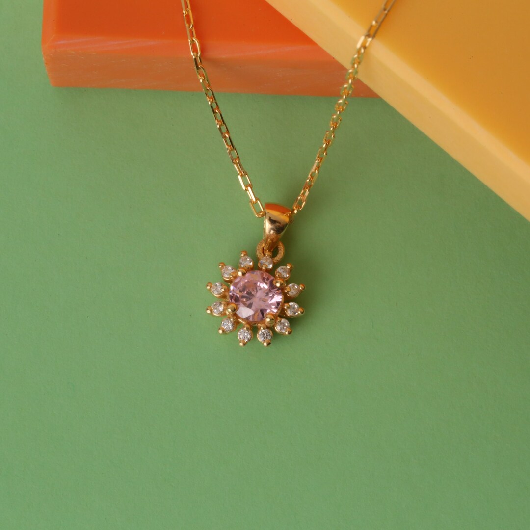 Pink Tourmaline Real Diamond Round Necklace, October Birthstone, 14K ...