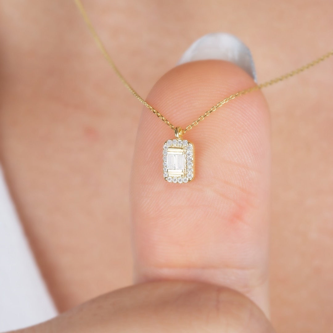Genuine Diamond Baguette Cut Necklace 14k Solid Gold, Perfect Gift for ...