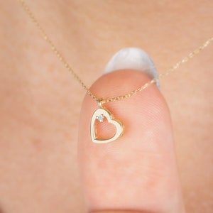 Diamond Dangle Heart Necklace in 14k Solid Gold, Real Diamond Open ...