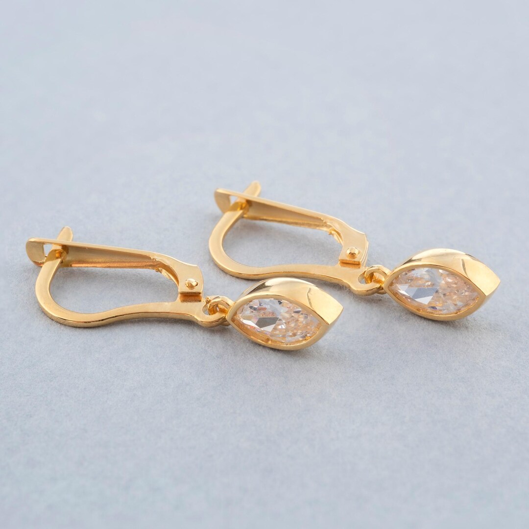 White Topaz 14K Solid Gold Bezel Marquise Dangling Earrings, Christmas ...