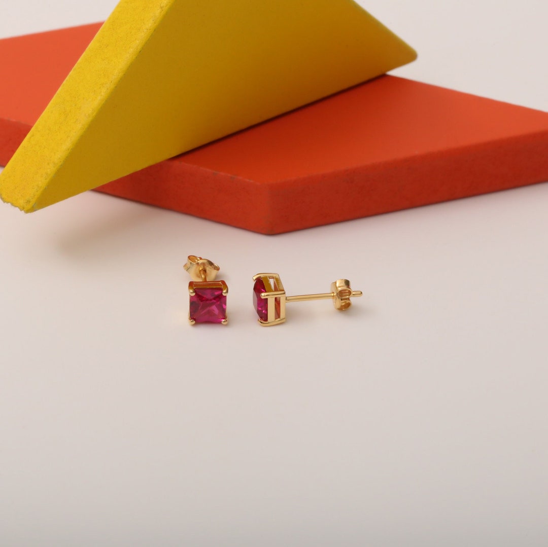 Square Ruby Stud 14K Solid Gold Earrings, July Birthstone, Women ...