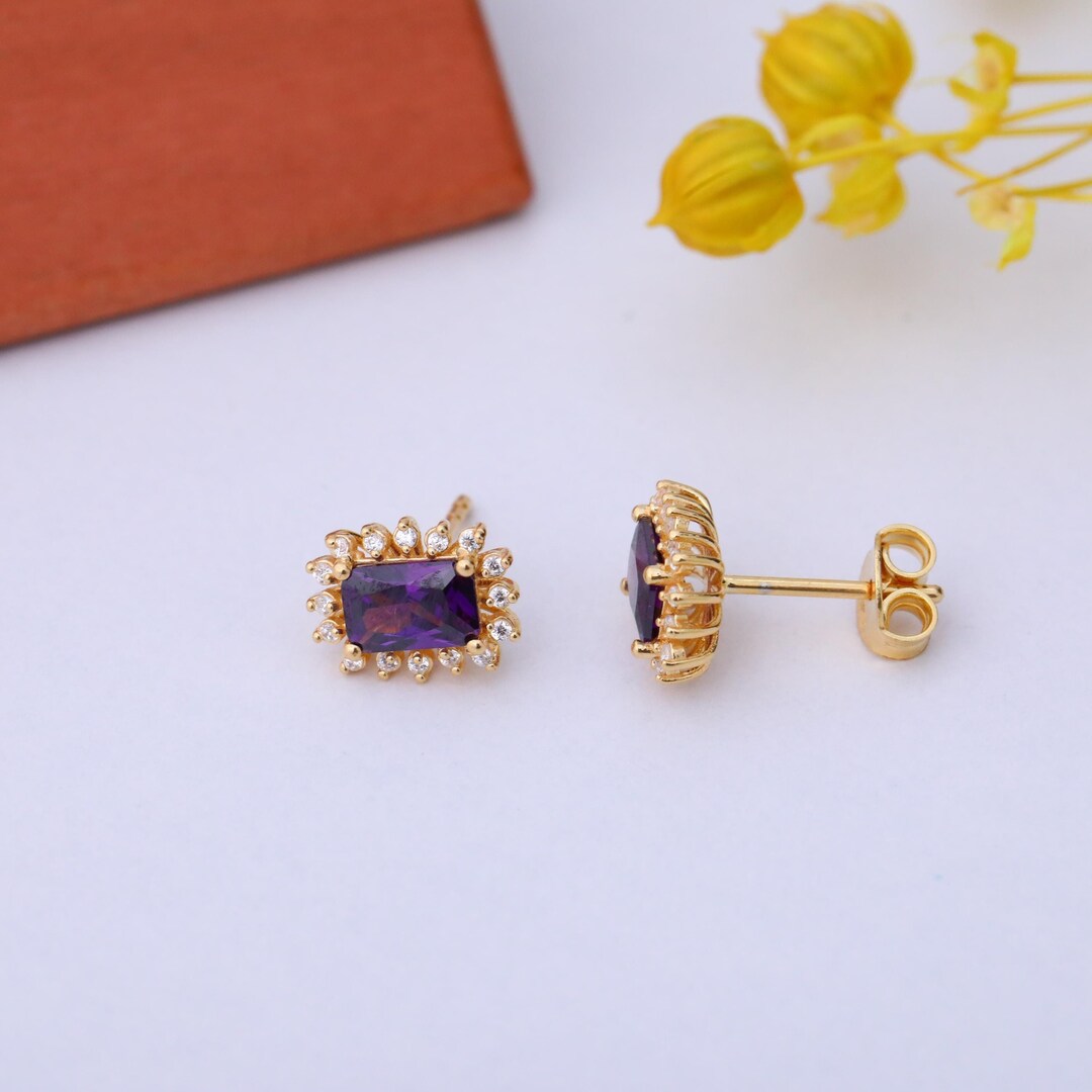 Handmade 14K Solid Gold Rectangle Amethyst Real Diamond Halo Stud ...