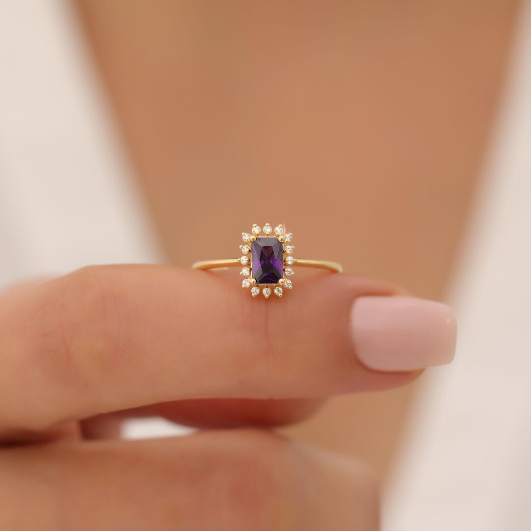 Amethyst 14K 10K 8K Solid Gold Rectangle Cut Ring, Real Diamond Halo ...