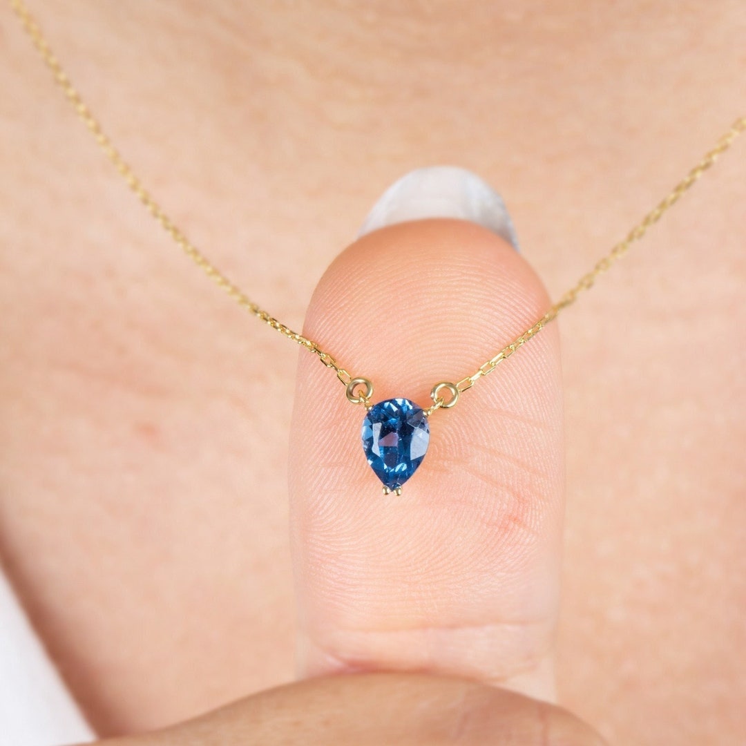 14K Solid Gold Blue Topaz Drop Necklace, December Birthstone Jewelry ...