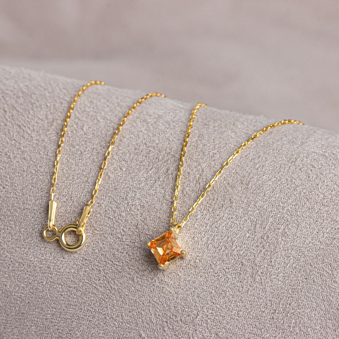 Square Shape 14K Solid Gold Citrine Necklace, Square Necklace ...